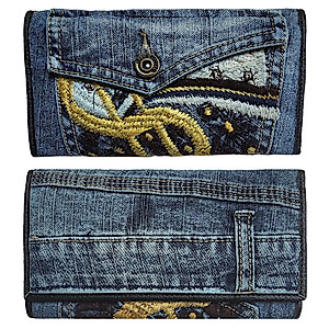 Bijoux de Ja Upcycling Blue Denim Embroidery Flap Cover Pocket Money Long Wallet Purse Clutch for Women (RANDOM)