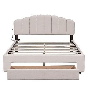 HAUSHECK Upholstered Bed Frame Queen Size with Teddy Fleece Headboard, Big Drawer, Smart LED Lights and 2 USB Ports, Modern Queen Platform Bed Frame w/Wooden Slats Support, No Box Spring Needed