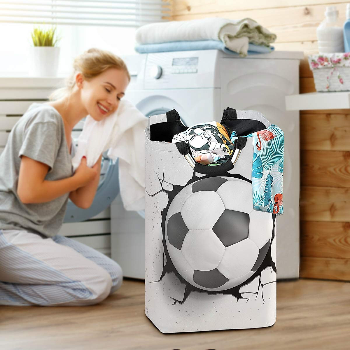 Collapsible Laundry Basket 3D Soccer Ball Laundry Hamper Large Cloth Hamper Laundry Organizer Holder with Handle