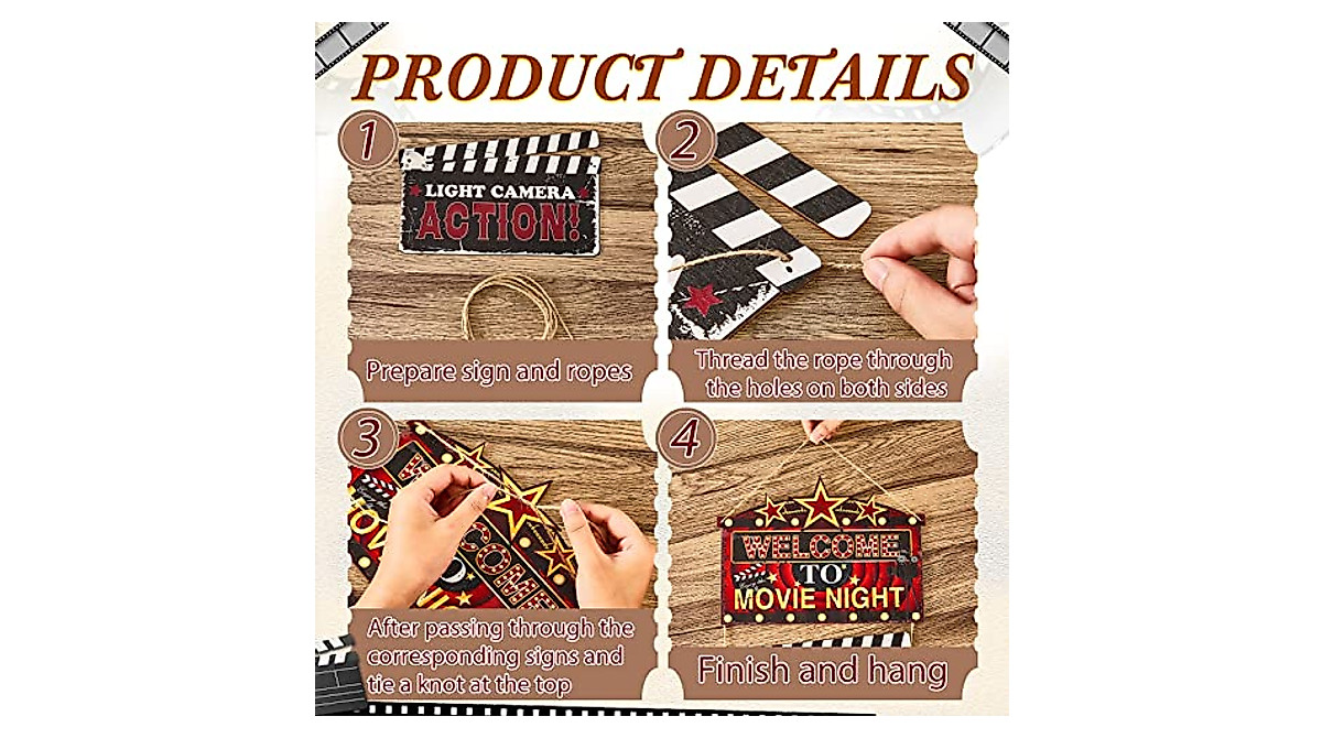 Vintage Wooden Movie Theater Decor – 10-Piece Rustic Wall Art Set