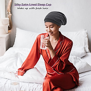 Silk Satin Lined Bonnet Sleep Cap, Adjustable Stay on All Night Hair Wrap Slouchy Beanie for Curly Hair Care of Women and Men - Dark Grey