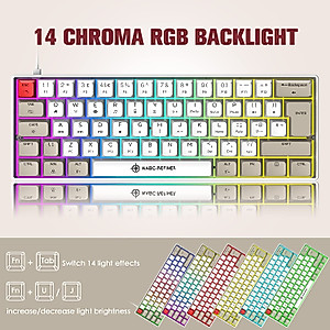 Mini Mechanical Gaming Keyboard Type-c Wired with PBT Dye-subbed Keycaps Rainbow RGB Backlit 60%Layout Full Anti-Ghosting 62 Key Ergonomic for Typist Laptop PC Mac Gamer (White Main/Red Switch)