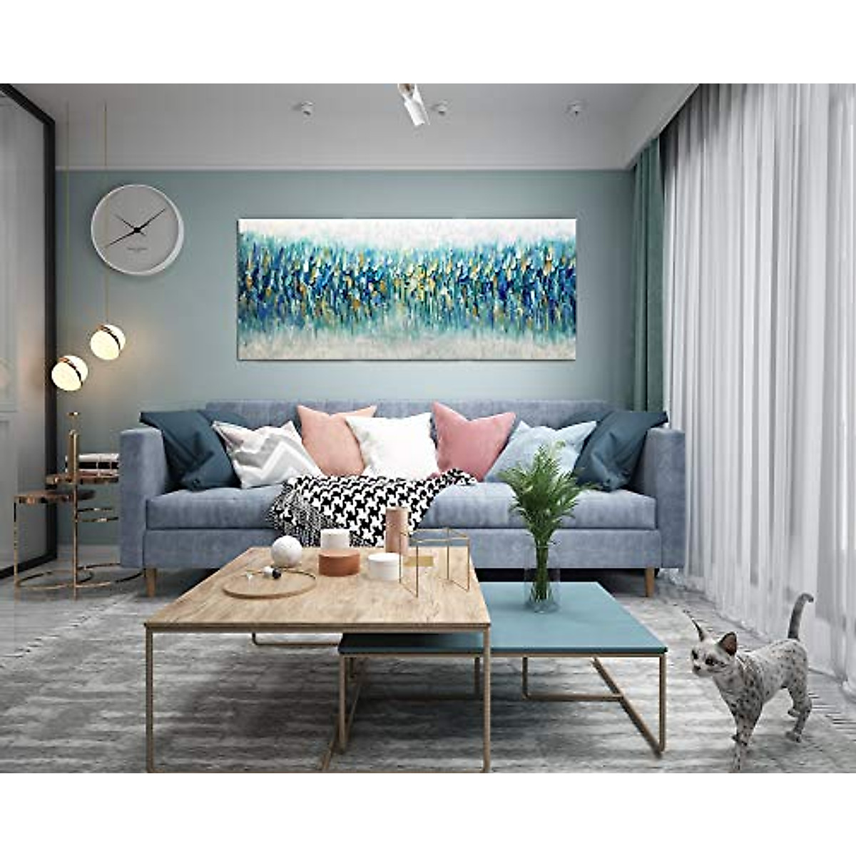 AMEI Art Paintings,24x60Inch 3D Hand Painted On Canvas Oversized Gold Blue Abstract Seascape Artwork Texture Palette Knife Oil Paintings Modern Home Decor Wall Art Stretched and Framed Ready to Hang