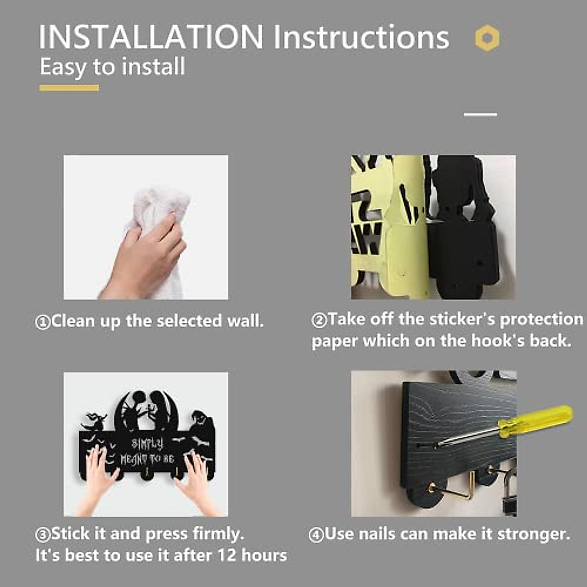 YSdesign The Nightmare Before Christmas Hooks-Jack Skellington Decor Wall Hooks,Wall Décor,Coat Hooks,Key Holder for Wall、Entryway and Kitchen-11.8×7.8Inch、 Black 、Eco-Wood