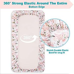 Pack N Play Sheets, 2 Pack Mini Crib Sheets Fits Standard Size 38" X 26" Playard Mattress, Soft and Stretchy, Playard Fitted Sheet, Pink Floral & Solid Pink