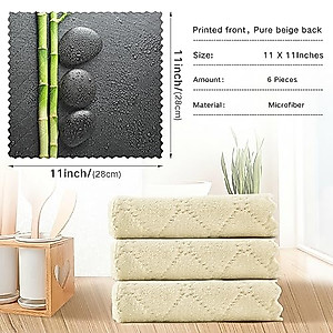 Black Zen Basalt Stones with Dew Green Bamboo on Dark 6 Set Kitchen Dish Towels, Washcloths Cleaning Cloths Dish Cloths, Absorbent Towels Lint Free Bar Tea Soft Waffle Towel 11"x11"