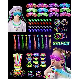 270 PCS Glow In The Dark Party Supplies for Kids Adults, 100 Glow Sticks Bulk Party Pack Light Up Party Favors, 12 LED Glasses, 32 Finger Lights, 8 LED Hair Clips for Wedding Birthday Halloween