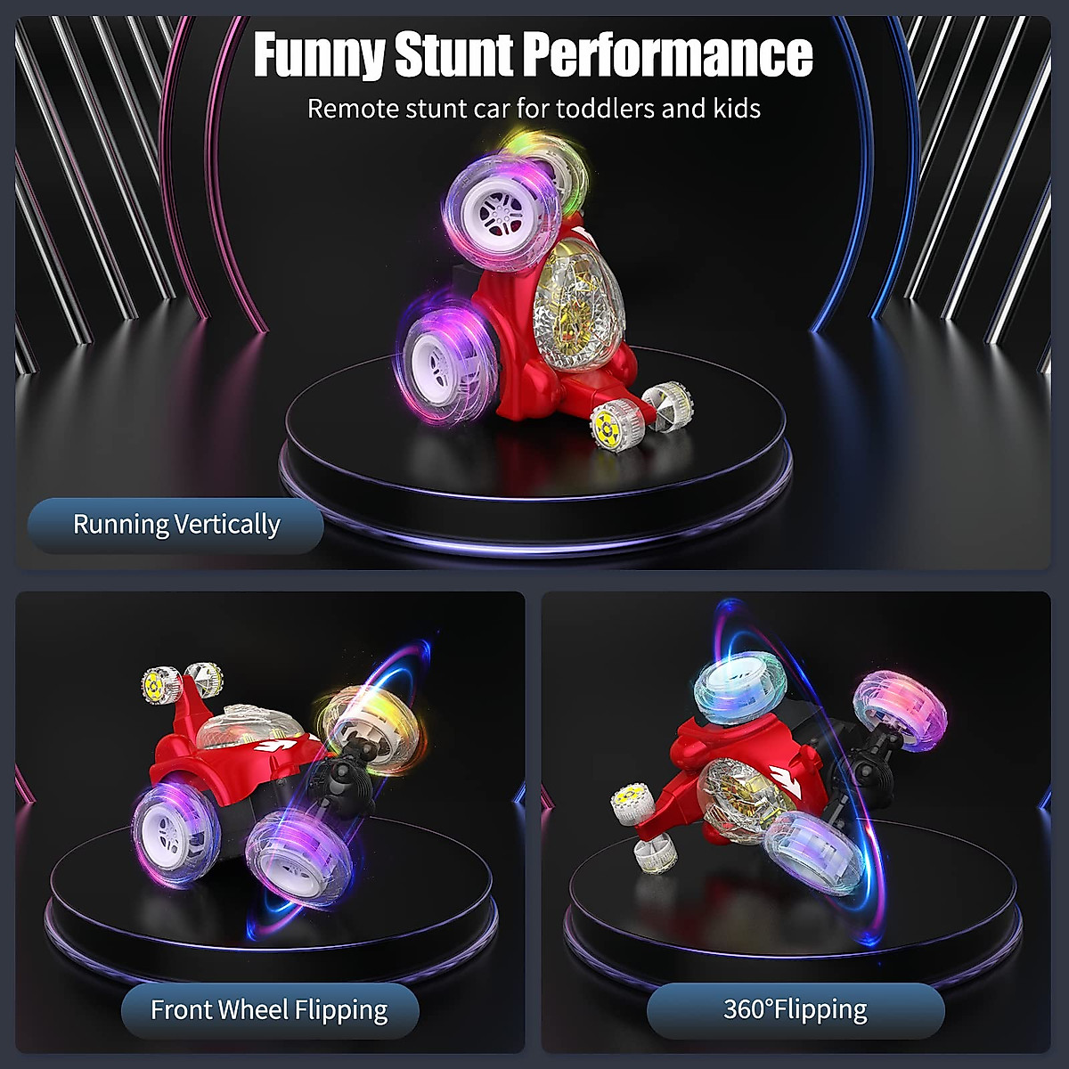 Kizeefun RC Stunt Car, Invincible 360°Rolling Twister with Colorful Lights & Music, Rechargeable Remote Control Car for Kids (Red), Unisex