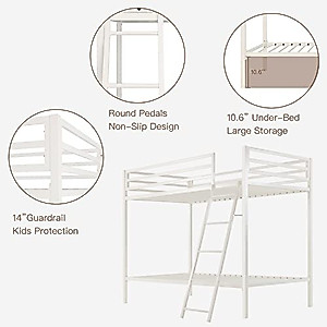 ikalido Metal Bunk Bed Twin Over Twin Size, Heavy Duty Twin Bunk Beds with Safety 14" Guard Rail & Sturdy Inclined Ladder, Space-Saving/No Box Spring Needed/Matte White