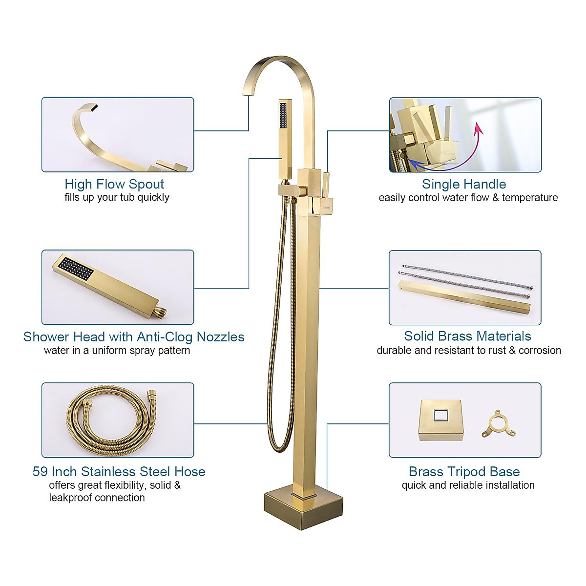 Waterfall Floor Mount Freestanding Bathtub Faucet Brushed Gold Single Handle Freestanding Tub Faucet Brass Tub Filler Tub Shower Faucet with Hand Shower 59in Hose Bathtub & Shower Systems JIAENLEMA