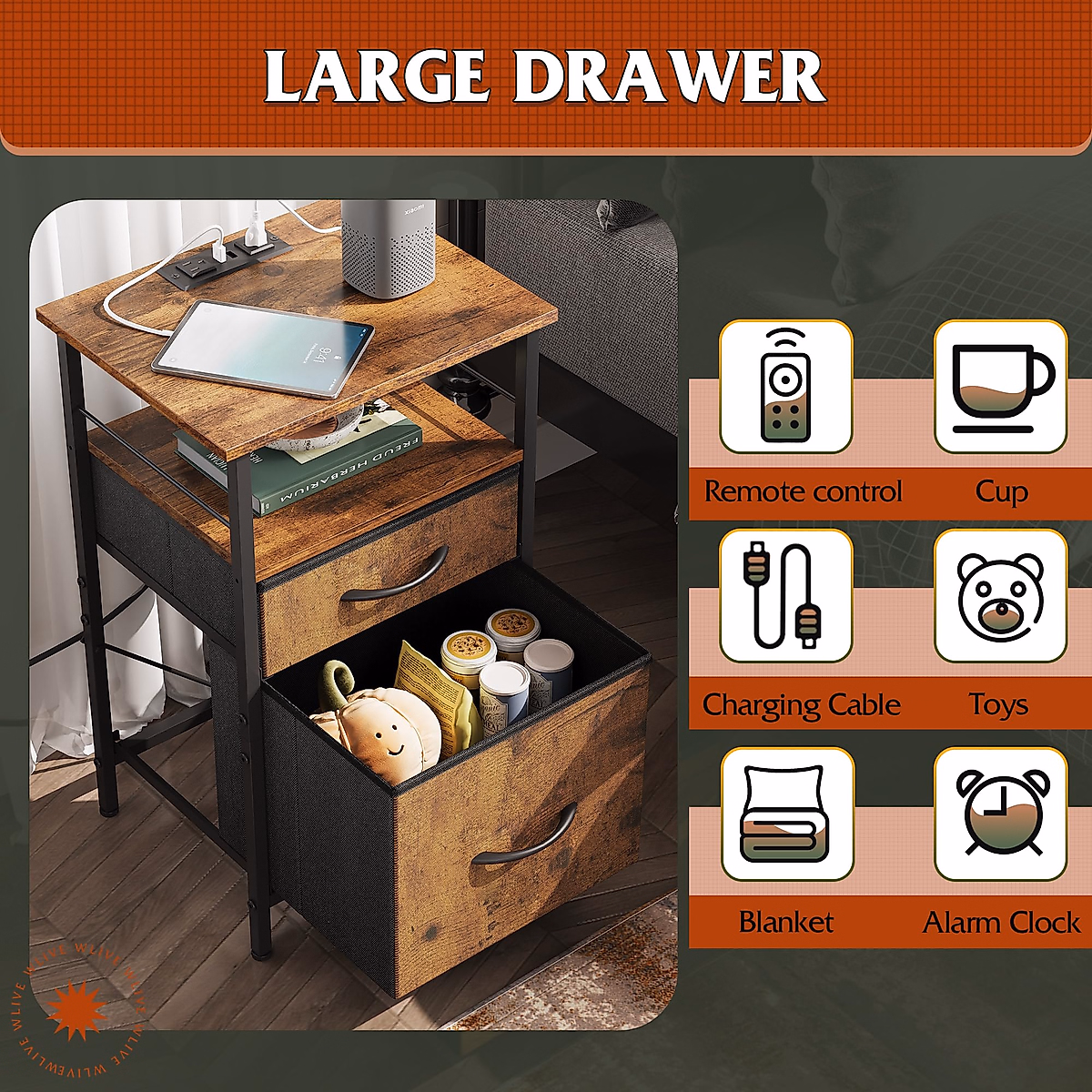 WLIVE Nightstand with Charging Station, End Table with 2 Fabric Drawers for Storage, Small Bedroom Dresser, Bed Side Table, 2 USB Ports and 2 Outlets, Easy Assembly, Rustic Brown