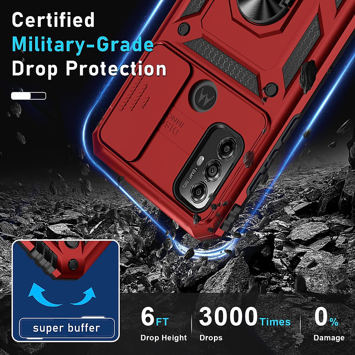Janmitta Compatible with Moto G Play 2023,G Power 2022/G Pure Case Built in Slide Camera Lens Cover+Screen Protector+Ring Holder,Heavy Duty Shockproof Full Body Phone Cover,Red