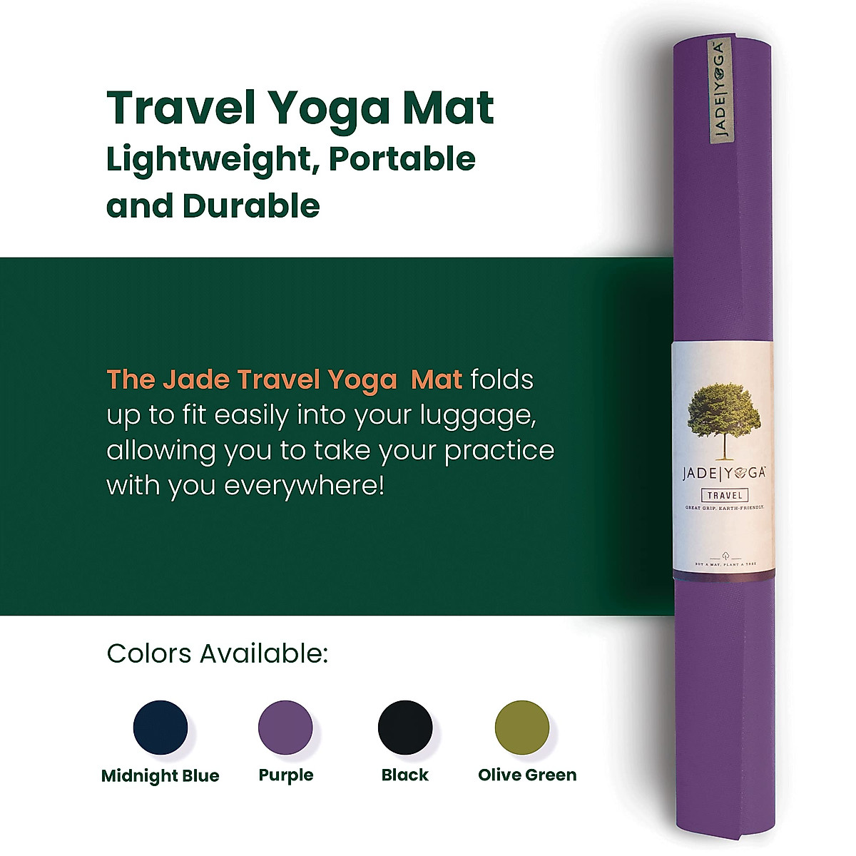 JadeYoga Travel Yoga Mat - Packable, Lightweight, and Portable Yoga Mat - Non-Slip Natural Rubber Mat for Women & Men - Great for Yoga, Home, Gym, Pilates, Fitness & Stretching (Purple, 68" x 24")