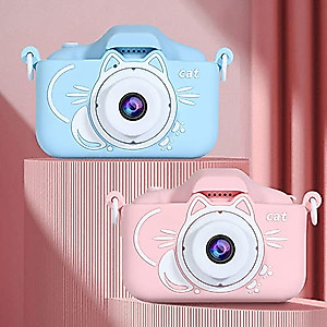 New Cat Cartoon Children's Camera, Front and Rear Double Lens 20 Million Selfie Camera with 32GB SD Card, HD Selfie Camera for Kids, Parent-Child Gift Camera (Blue)