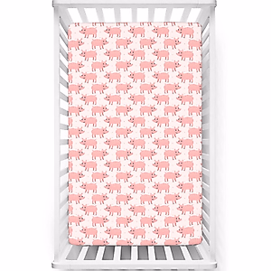 Pig Themed Fitted Mini Crib Sheets,Portable Mini Crib Sheets Soft and Breathable Bed Sheets-Crib Mattress Sheet or Toddler Bed Sheet,24“ x38“,Pale Pink and Rose