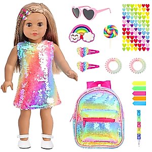 Unicorn Element 14 Pcs American 18 Inch Girl Doll Accessories School Supplies Set - Doll Backpack School Supplies Sunglasses and Other Stuff for My Our Life Generation Doll Accessories