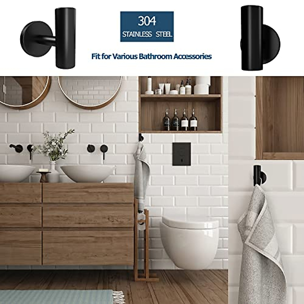 Towel Hook for Bathrooms Wall Mount Coat Hook Matte Black Towel Hook 304 Stainless Steel Robe Hook Heavy Duty Door Hanger Black Hooks for Bathroom Bedroom Kitchen