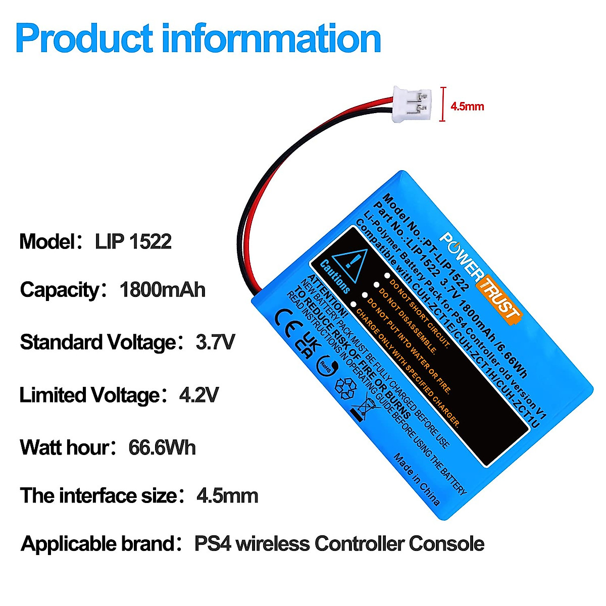 PowerTrust 1800mAh LIP1522 Battery Compatible with Sony PS4 Dual Shock 4 Controller CUH-ZCT1E CUH-ZCT1U Wireless Controller 2015 (Big Plug)