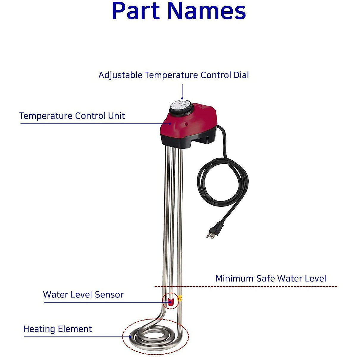 KD 1600W Immersion Bucket Water Heater, Auto Shutoff, Overheating Prevention, Auto Water Level Senor, Adjustable Thermostat, Easy-to-Use (RED / 1600 WATT)