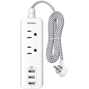 Power Strip with USB - 2 Outlets 3 USB Charging Ports(3.1A, 15W), Desktop Charging Station with 5 ft Braided Extension Cord, Flat Plug Travel Power Strip for Cruise, Home Office, ETL Listed