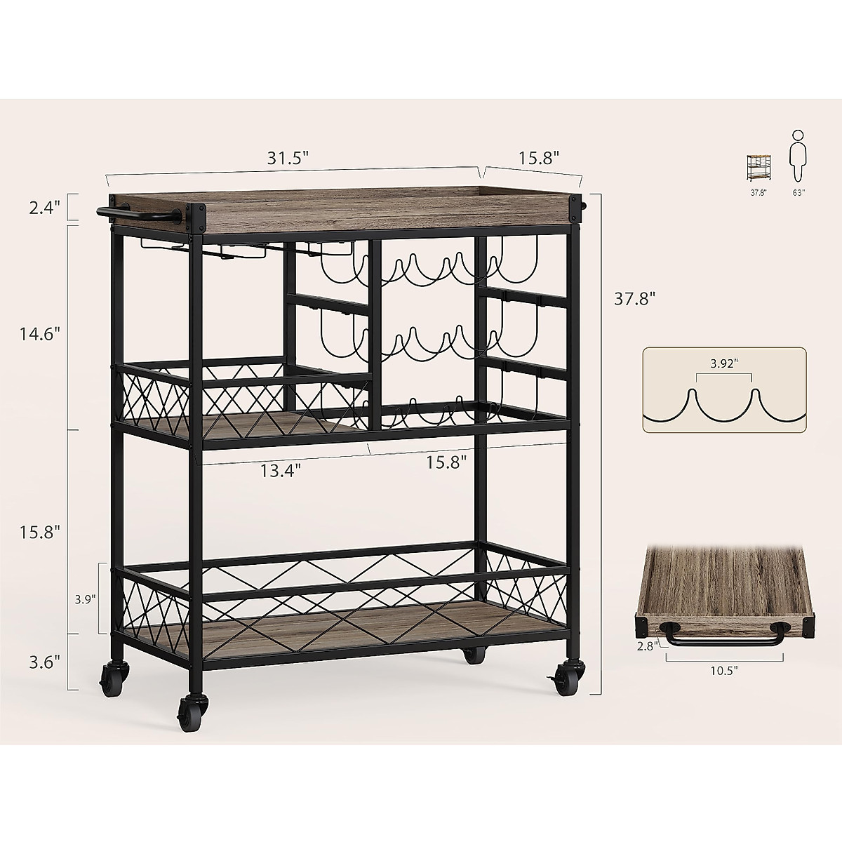 Gizoon 3 Tier 38" Home Bar Serving Cart with Large Storage Space, Mobile Kitchen Storage Trolley with Lockable Wheels, 12 Wine Rack, Glass Holder, Removable Tray (Gray)