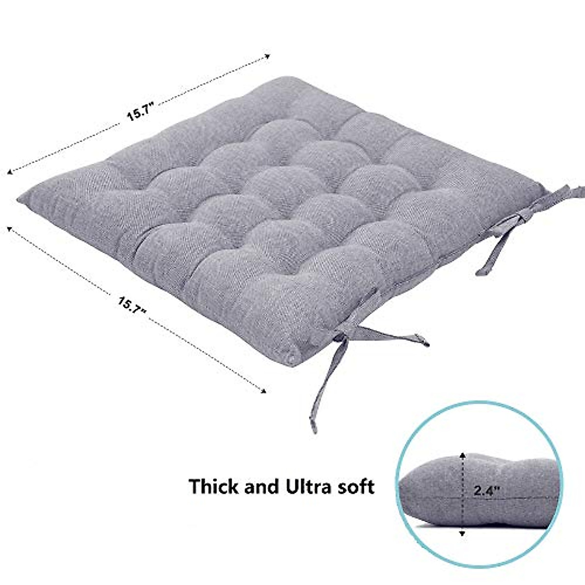 RECYCO Chair Cushions for Dining Chairs 4 Pack, Square Thick Chair Pads with Ties Non Slip, Soft and Comfortable Seat Cushion for Kitchen Dining Office Chair, 15.7" x 15.7", Gray