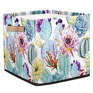 Floral Cactus Plant Cube Storage Bins 13 Inch Fabric Storage Basket Square Storage Bins Collapsible Nursery Storage Bin Organizer Basket Storage Box for Shelves, Closet