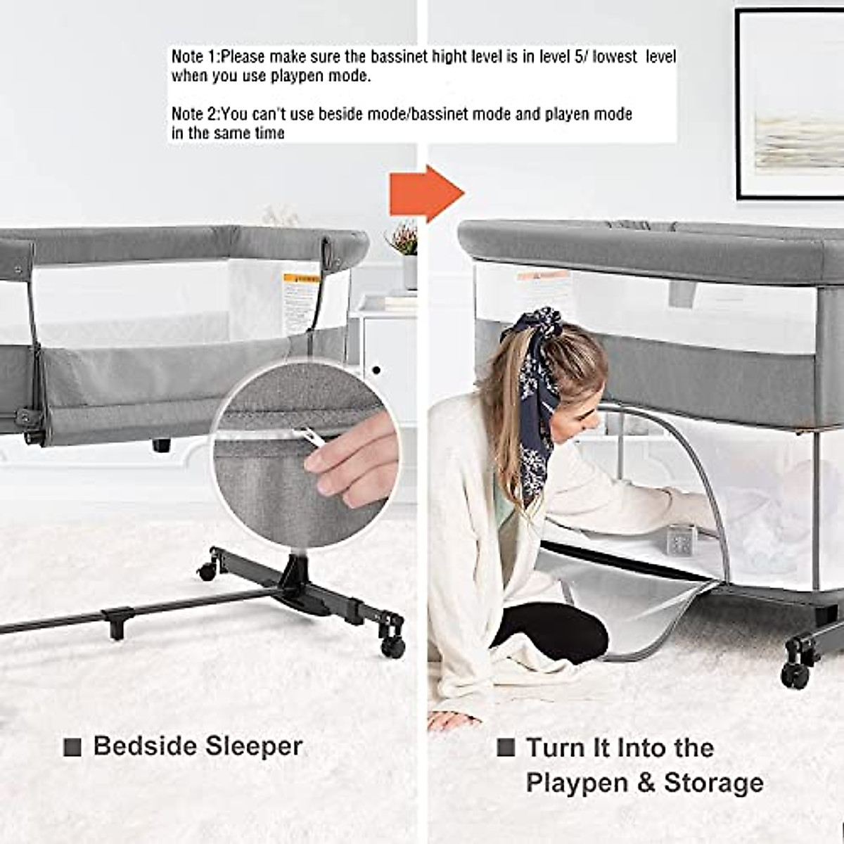 nordmiex Baby Crib,3 in 1 Bassinet for Baby,Bedside Sleeper Bedside Baby bassinets Crib for Newborn,Adjustable Portable Baby Bed for Infant/Baby,Gray