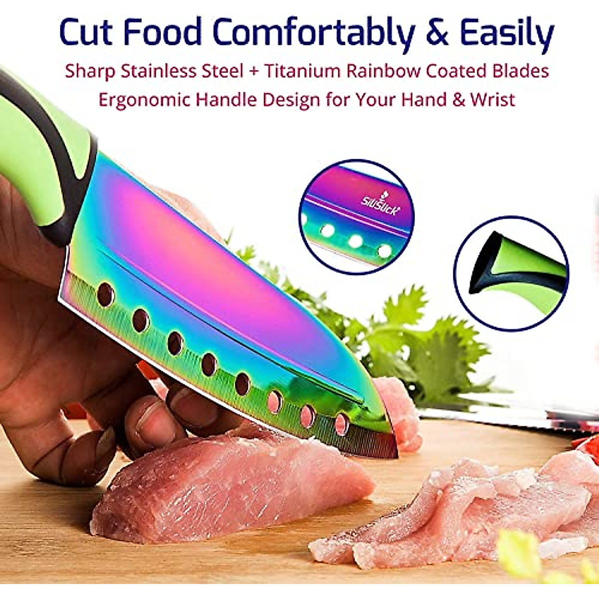 SiliSlick Kitchen Knife Set, Titanium Coated Stainless Steel Colorful Blades, Chef, Bread, Santoku Utility & Paring Knives, Magnetic Mounting Rack & Portable Sharpener