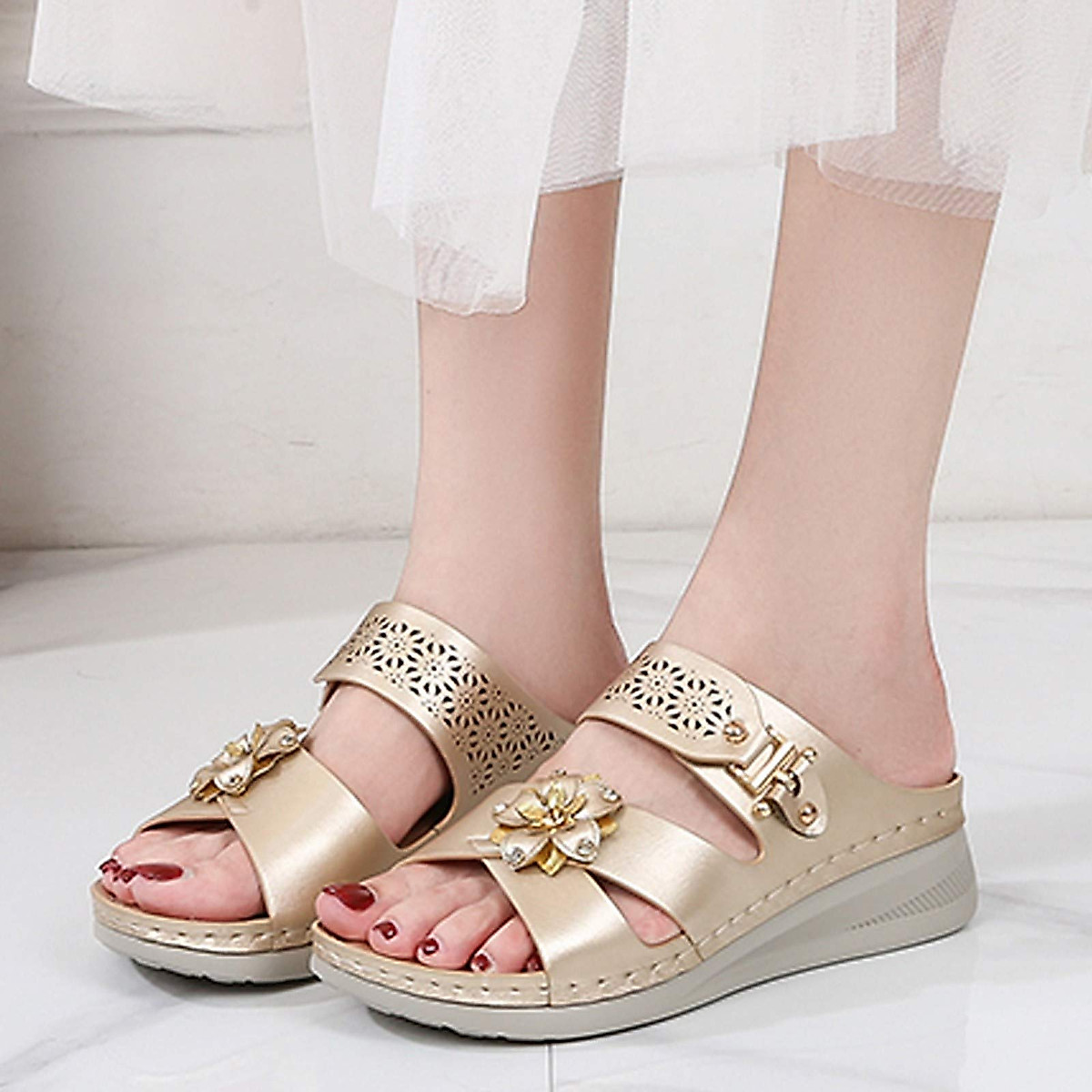 justHIGH Sandals for Women Summer Hollow Out Slip On Platform Sandal Wedge Shoes with Concealed Orthotic Arch Support