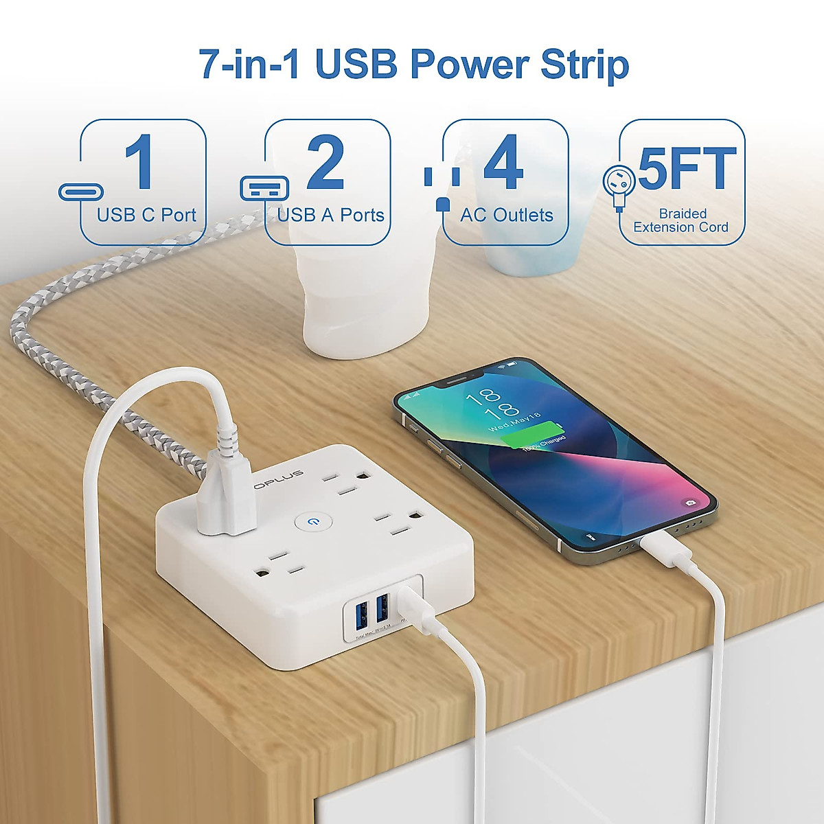 AUOPLUS Surge Protector Power Strip - 4 Widely Outlets with 3 USB Ports(1 USB C Outlet/PD 20W), Outlet Extender with 5FT Braided Extension Cord, Wall Mount for Travel Home Office, Dorm Essentials