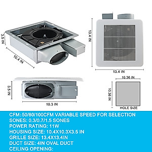 Tech Drive Bathroom fan 50-80-100 CFM DC Energy-Saving Motor,Very Quiet Ventilation and Exhaust Fan, Ceiling or Wall Mounted Fan, CFM Adjustable,White