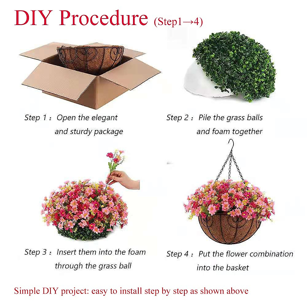 Maybox Artificial Hanging Basket with Flowers for Garden Eave Patio Lawn Decor 49Pcs Fake Daisy Bunches in 11.8 inches Metal Planter with Coco Coir Liner