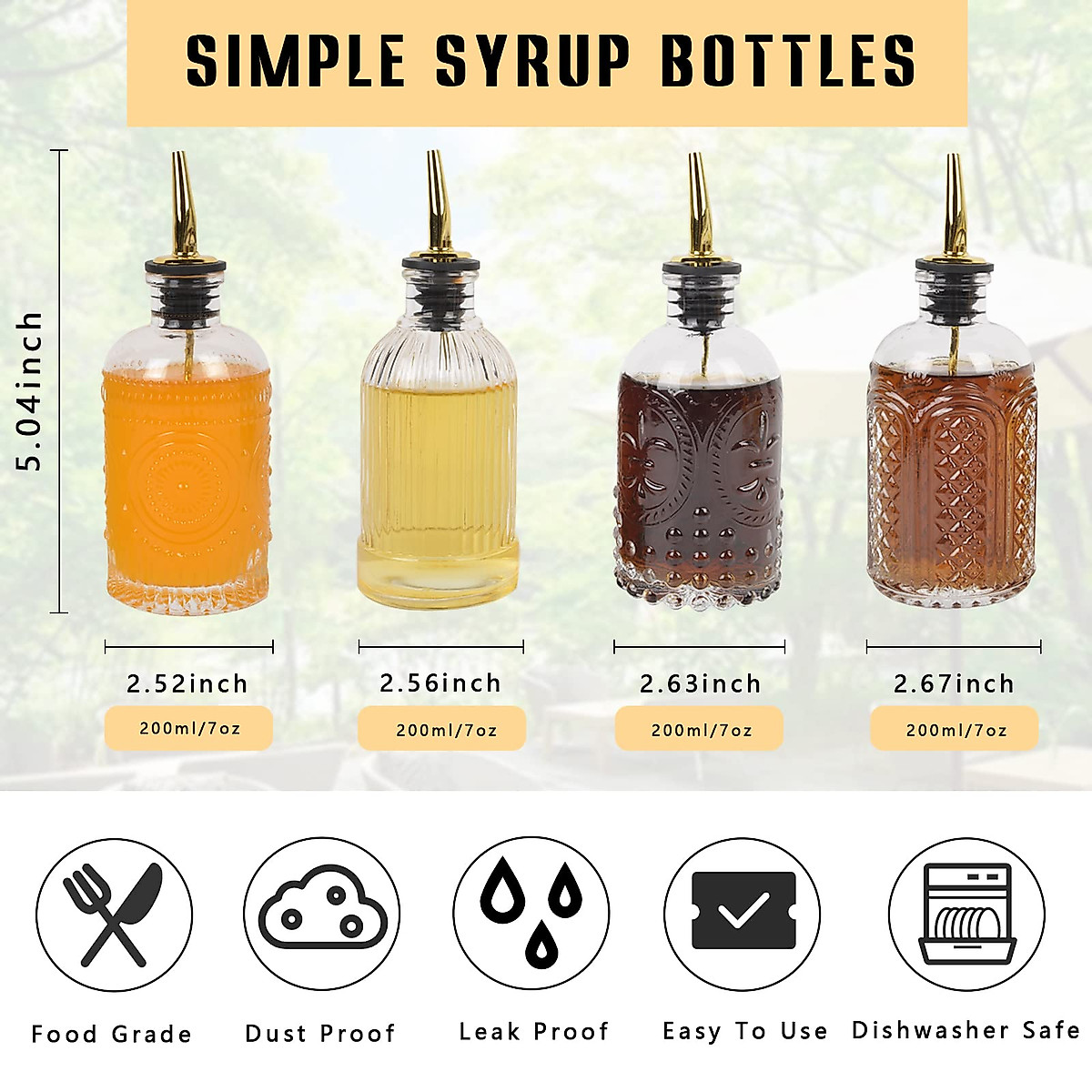 ChezMax Syrup Dispenser Bottles Set of 4, Simple Syrup Bottle for Coffee Bar Accessories, 7 oz Glass Coffee Syrup Dispenser Syrup Containers for Maple Honey Syrup Oil, with Metal Pour Spouts & Labels