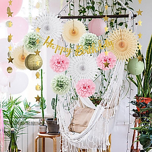Sage Green and Pink Birthday Decorations White Paper Fans Lanterns Pink Cream Tissue Paper Pom Poms Sage Green Birthday Party Decorations with Happy Birthday Banner Gold Star Garland for Girls Women