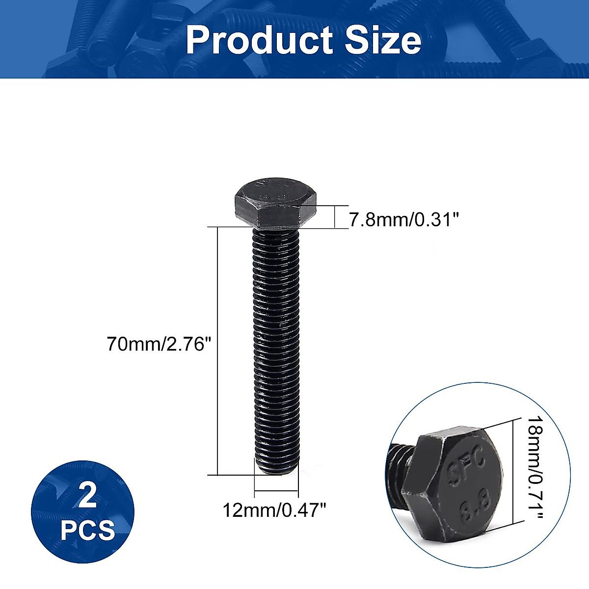 MroMax 2Pcs M12 x 70mm Hex Head Screw Bolt, Carbon Steel Grade 8.8, Black Oxide Finish, Full Thread, Hexagon Head Bolts for Furniture Repair