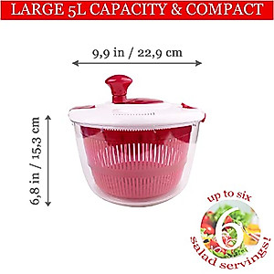 Lemarsar's Large Salad SPINNER BUNDLED with PEELER, SHARPENER and Uncut GLOVES - the Ultimate Tool for Crispy Lettuce, Perfectly washed Vegetables and Fruits - 4 ITEMS