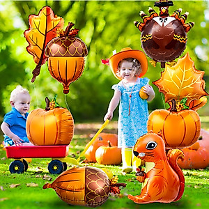 Gemscream 18 Pcs Thanksgiving Foil Balloons Set Large Happy Fall Balloons Maple Leaf Pine Cones Pumpkin Leaf Turkey Squirrel Thanksgiving Balloons for Autumn Theme Festival Party Supplies
