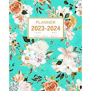 Planner June 2023-2024 May: 8x10 Large Notebook Organizer with Hourly Time Slots | Watercolor Flower Bouquet Design Turquoise