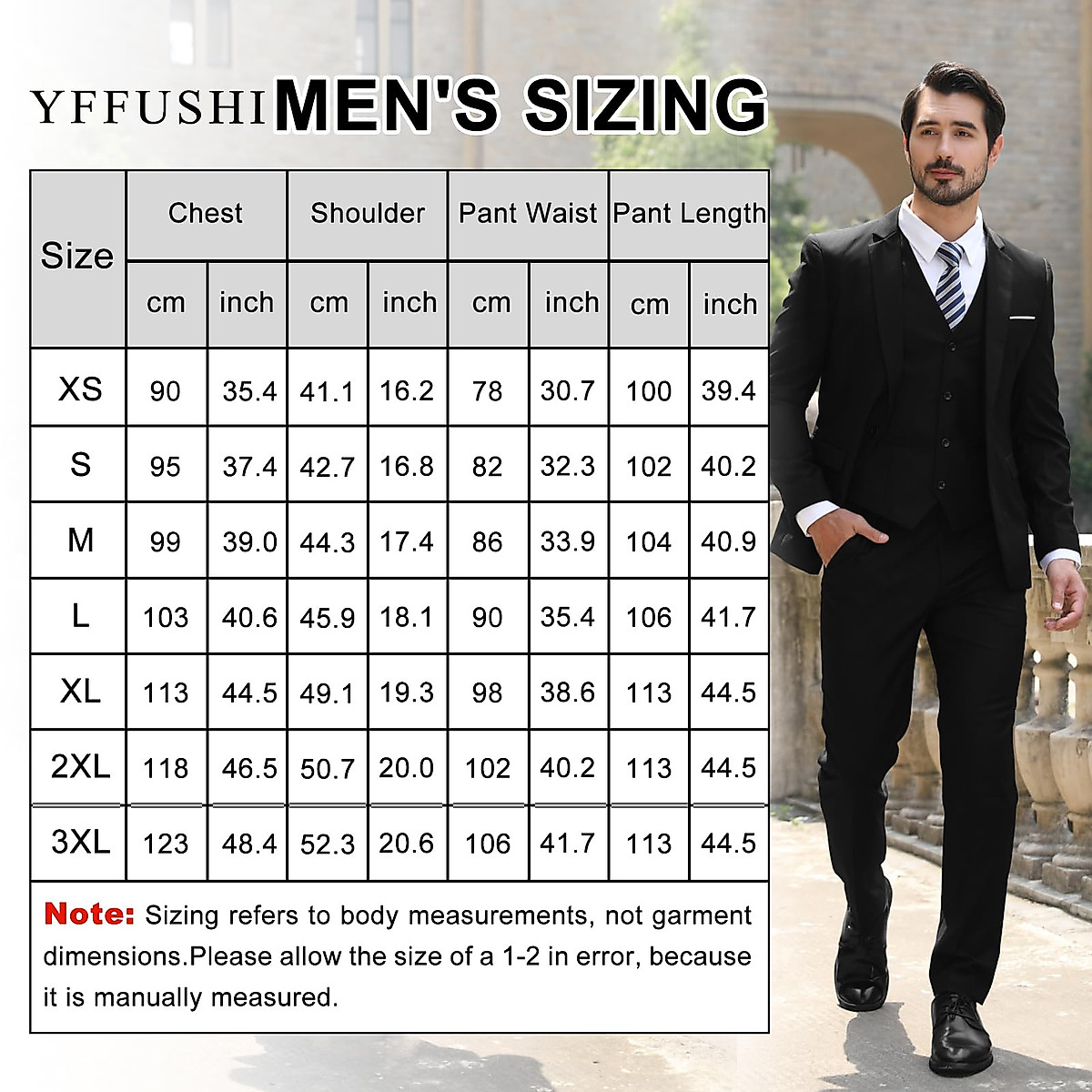 YFFUSHI Men's Slim Fit 3 Piece Suit One Button Blazer Tux Vest & Trousers,Black,Large