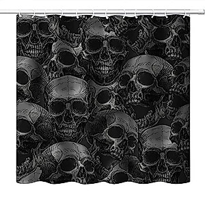 KKH Black Skulls Shower Curtain Set Bathroom, Black andWhite Halloween Scary Skull Bath Curtains Bathroom Set 4Pcs/Set Game Bathroom Decor, 72X72 Inch