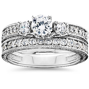 1 1/4Ct Vintage Diamond Engagement Wedding Ring Set 14K White Gold - Size 7.5