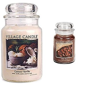 Village Candle Coconut Vanilla Large Glass Apothecary Jar Scented Candle, 21.25 oz, White & Coffee Bean Glass Jar Scented Candle, Large, 21.25 oz, Brown