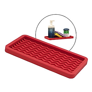HomeBee Silicone Kitchen Bath Vanity Organizer Tray, Non-Slip Multipurpose Sink Caddy | Dish Sponge, Brush, Soap Dispenser Bottle Holder | Dishwasher Safe Rubber Counter Mat (10 x 5.25 Inch – Red)