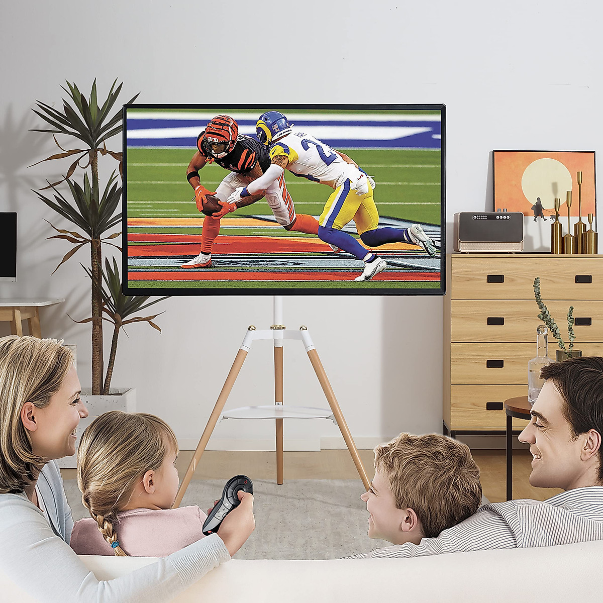 Fydeamer Universal Tripod Easel TV Stand for 32-65 inch LED LCD Screen Flat Curved Screen, Height Adjustable Studio TV Display Stand with 140° Swivel for Bedroom, Living Room, Corner TV Stand (White)