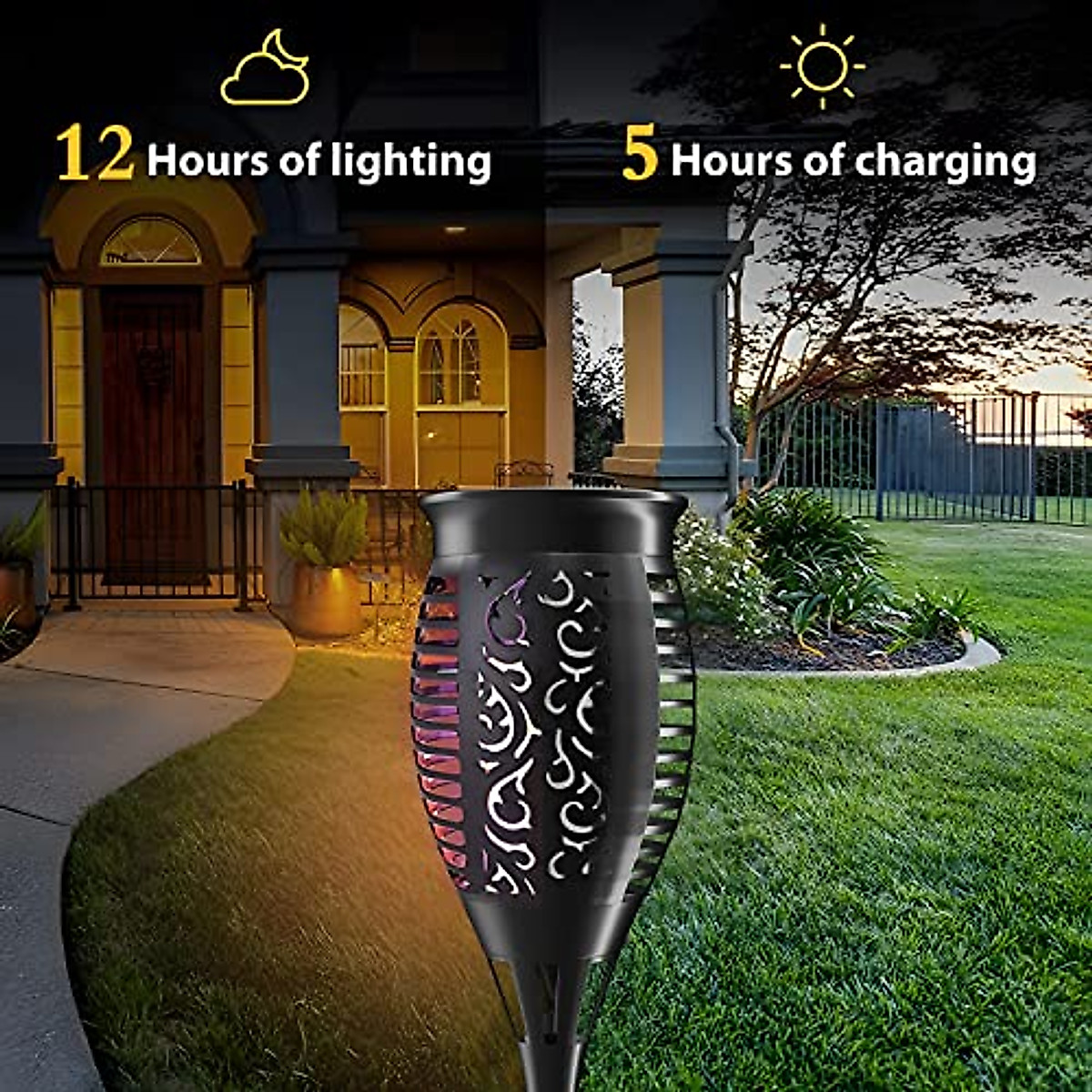 Solar Tiki Torch Lights with Flickering Flames for Garden, Torch Stake Light Outdoor Decorative, Waterproof Landscape Flame Lights with Auto On/Off for Garden Party Pathway (8 Pack Purple, 12 LEDs)