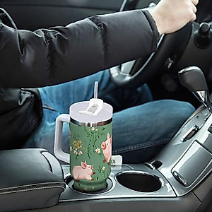 Wusikd Cute Pink Pig Tumbler Handle Lid and Straw Flowers Water Bottle Stainless Steel Coffee Travel Tumbler Mug Cup Gifts for Men Women 40oz