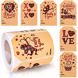 Whaline 300Pcs Valentine's Day Label Tag Stickers Red Black Plaid Pattern Gift Tag Decals Kraft Paper Self-Adhesive Name Stickers for Valentines Day Party Favor Present Wrapping Decoration, 6 Design