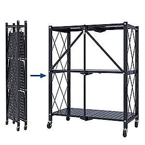 Wellynap 3-Tier Foldable Standing Shelf, Metal Rack Storage Shelving Units with Rolling Wheels, Moving Easily Organizer Shelves Great for Garage Kitchen, Black