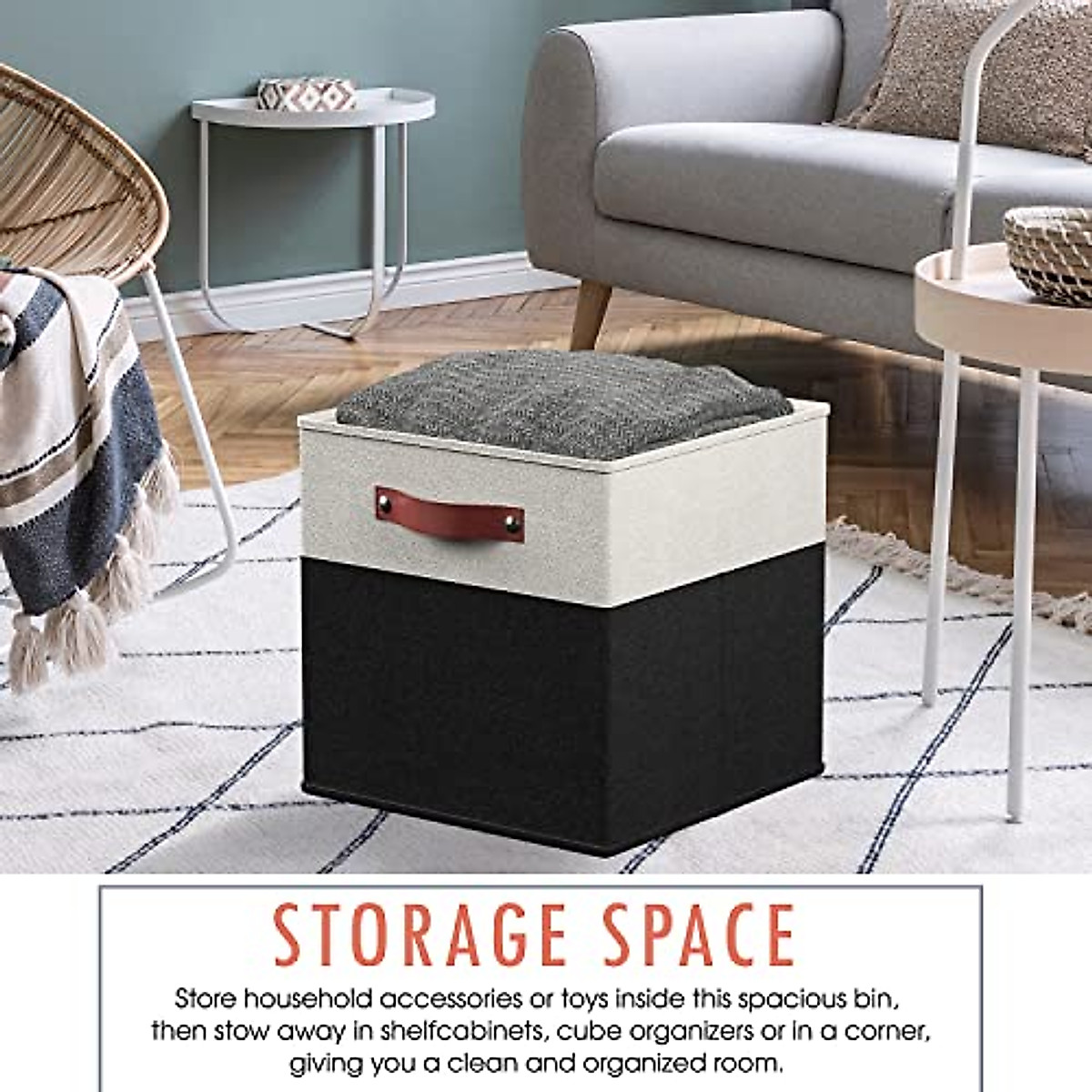 Ornavo Home Foldable Collapsible Storage Box Bins Linen Fabric Shelf Basket Cube Organizer with Leather Handles - Set of 6 - 13 x 13 x 13 - White/Black